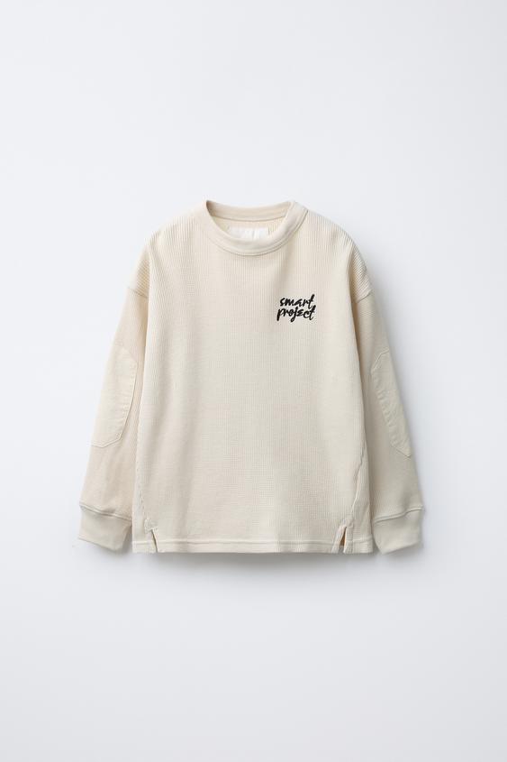 WAFFLE SWEATSHIRT WITH SLOGAN AND ELBOW PATCHES - Ecru | ZARA Ireland