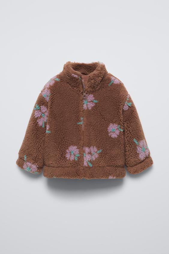 FLORAL PRINT FAUX SHEARLING JACKET - Brown | ZARA Thailand