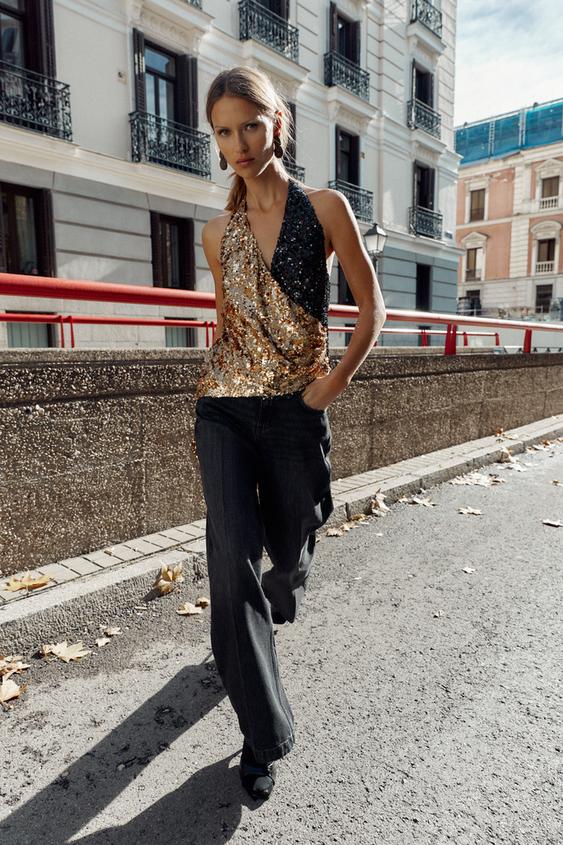 TOP HALTER CU PAIETE COMBINATE - Auriu | ZARA România
