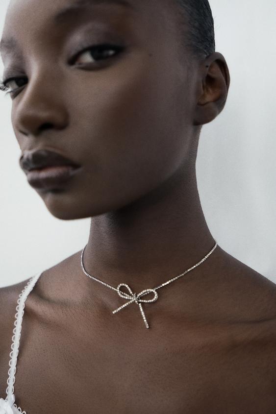 Bow Necklace With Rhinestones Silver Zara India