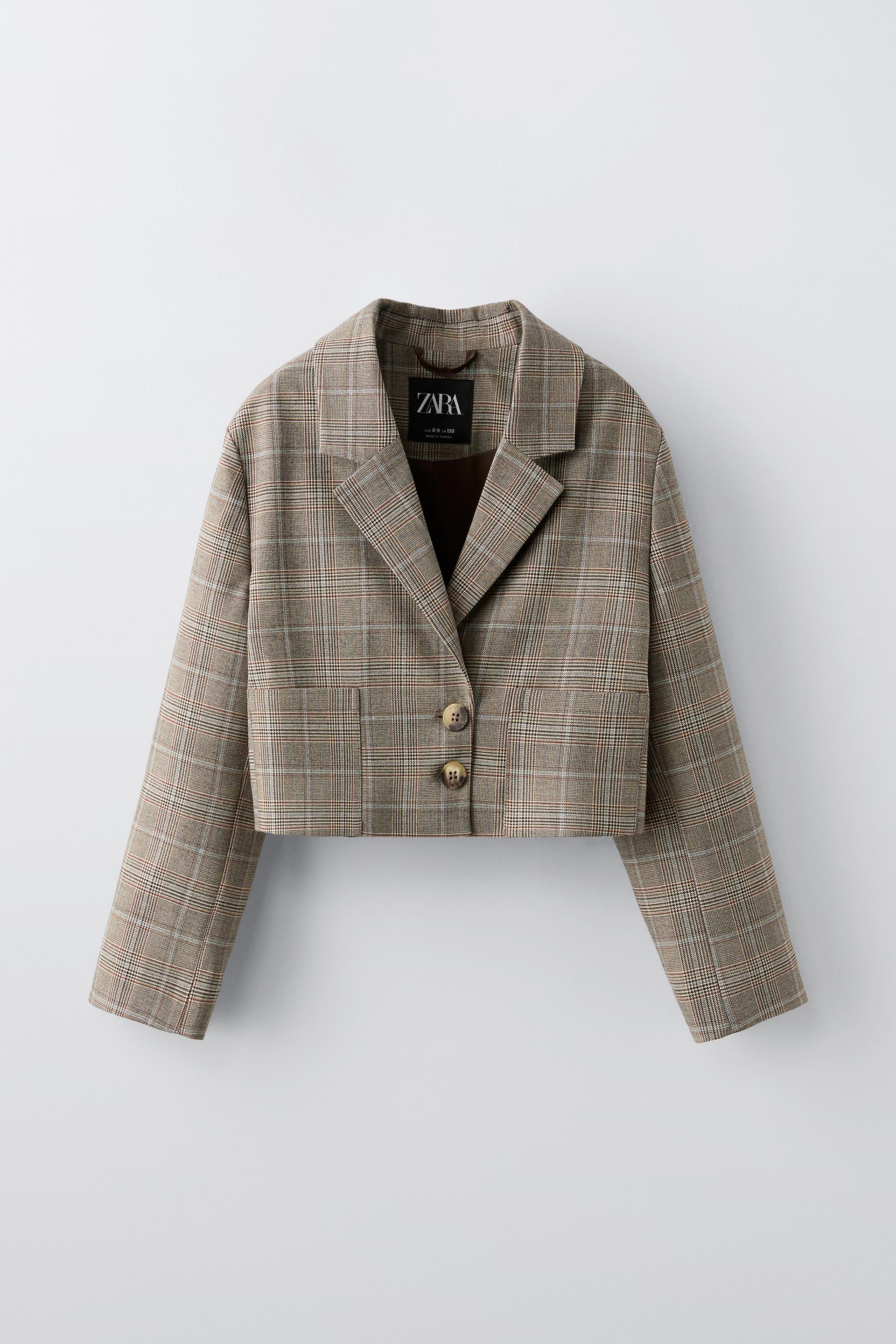 Checkered Cropped Blazer Taupe Brown Zara United States