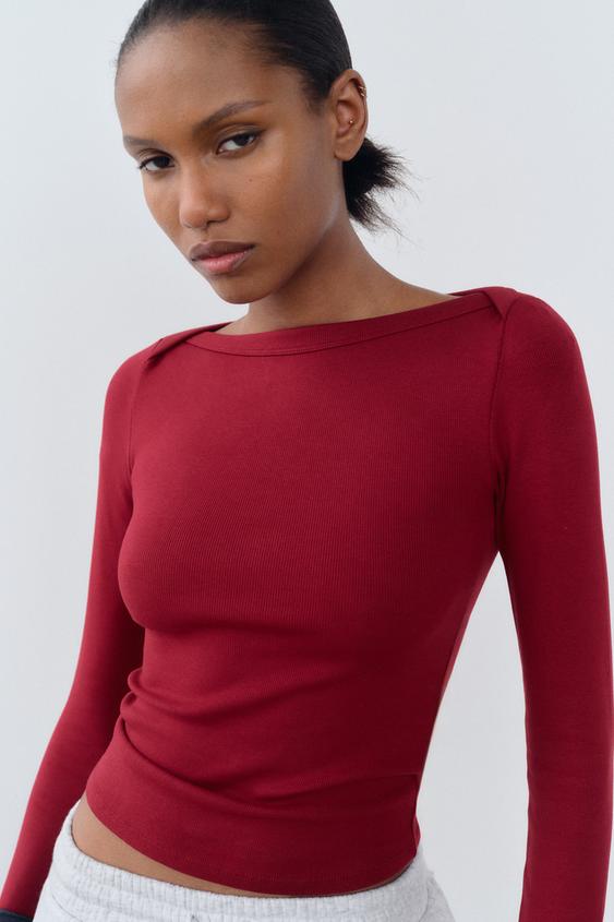 RIBBED BOAT NECK T-SHIRT - Burgundy | ZARA Australia