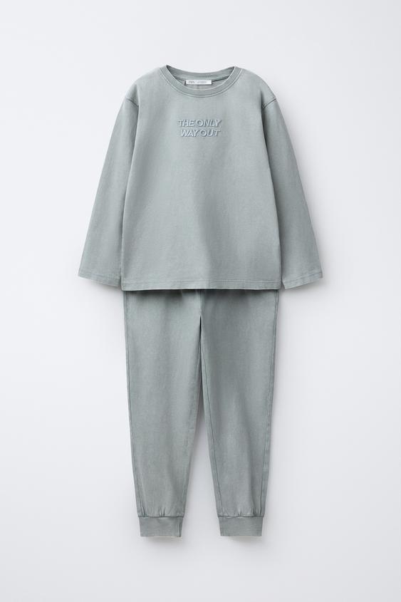 AGES 6-14 / WASHED EFFECT PYJAMAS WITH EMBROIDERED TEXT - Grey | ZARA Spain