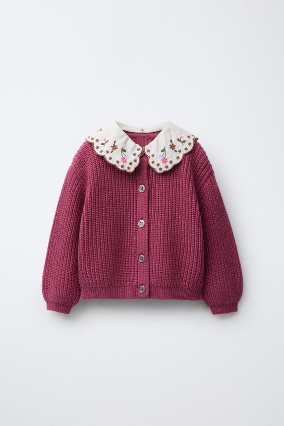 CARDIGAN WITH EMBROIDERED COLLAR - Raspberry | ZARA United Kingdom
