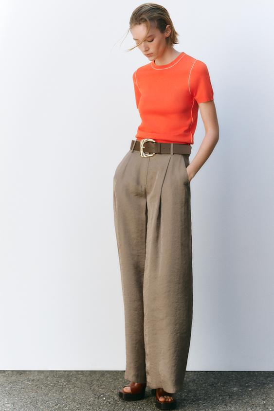SHORT SLEEVE KNIT TOP WITH PIPING - Orange | ZARA Singapore