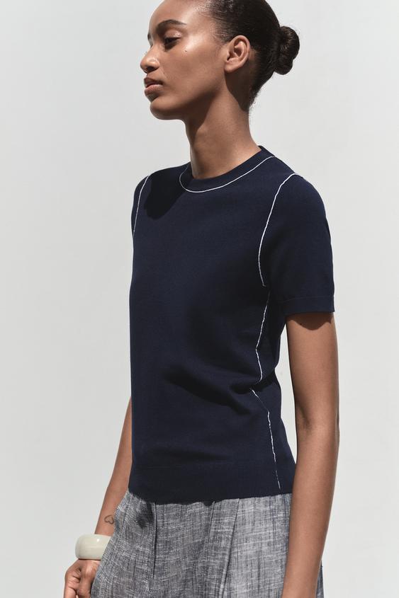 TRIMMED SHORT SLEEVE KNIT TOP - Navy / White | ZARA United States