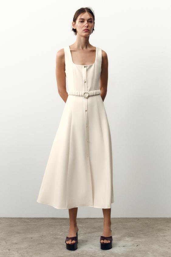 MIDI DRESS WITH BELT - Ecru | ZARA Saudi Arabia