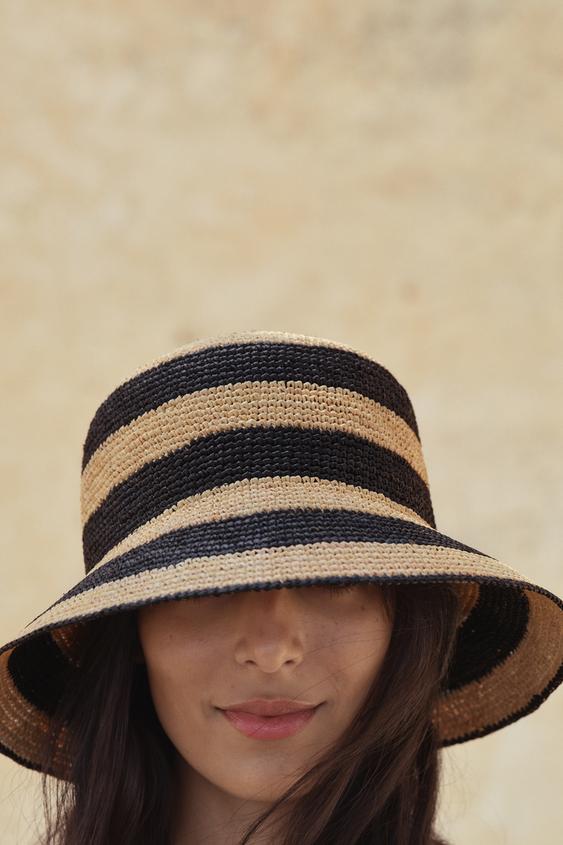 STRIPED RAFFIA HAT - Ecru / Black | ZARA Georgia
