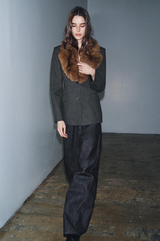 FITTED BLAZER WITH FAUX FUR COLLAR ZW COLLECTION - Gray marl | ZARA Canada