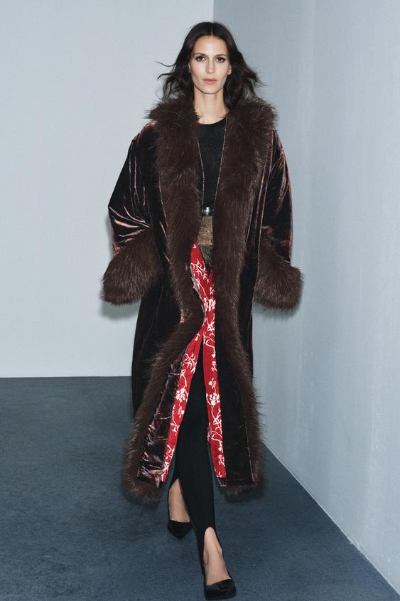 VELVET PRINTED FAUX FUR COAT - Brown | ZARA Singapore