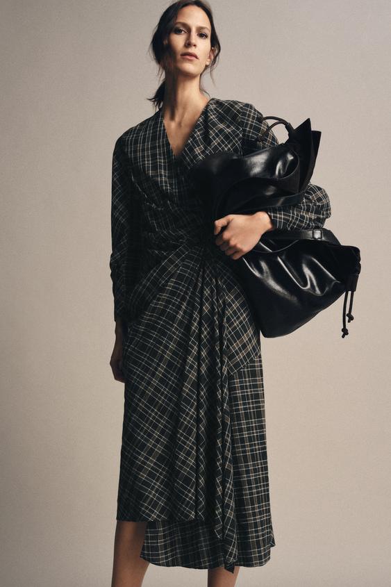 DRAPED CHECK DRESS - khaki | ZARA Ireland