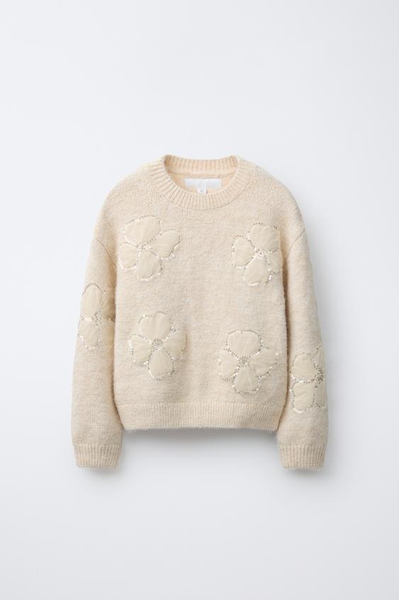 PULLOVER IN MAGLIA FIORI TULLE E PAILLETTE - Écru | ZARA Italia / Italy