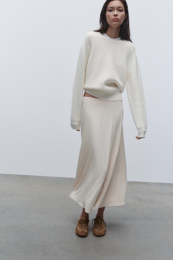КРЕПОВА СПІДНИЦЯ СЕРЕДНЬОЇ ДОВЖИНИ - Сіровато-бежевий колір | ZARA Україна / Ukraine