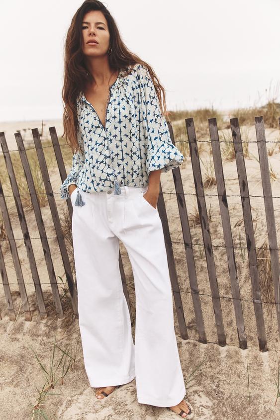 PRINTED BLOUSE WITH METALLIC THREAD - Ecru / Blue | ZARA New Zealand