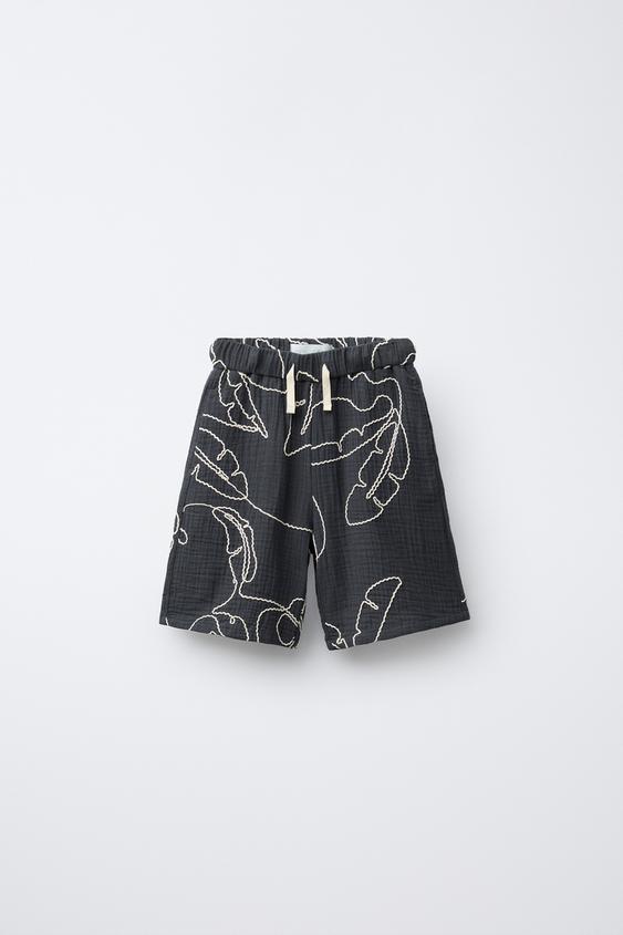 TEXTURED EMBROIDERED BERMUDA SHORTS - Navy blue | ZARA India