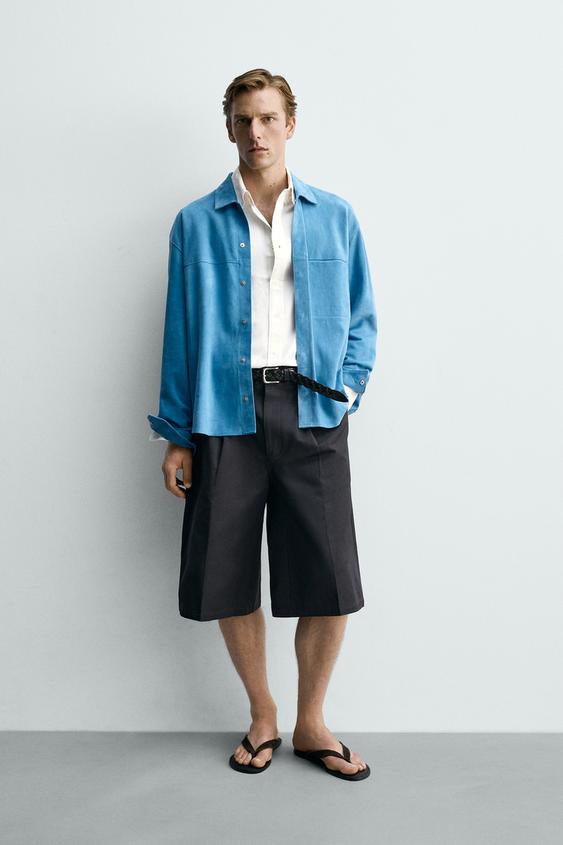 REGULAR FIT SUEDE LEATHER OVERSHIRT - Blue | ZARA India