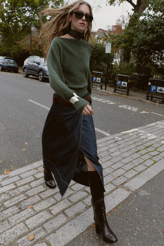 ASYMMETRIC KNIT JUMPER WITH CUFF DETAIL - Mid-green | ZARA Australia