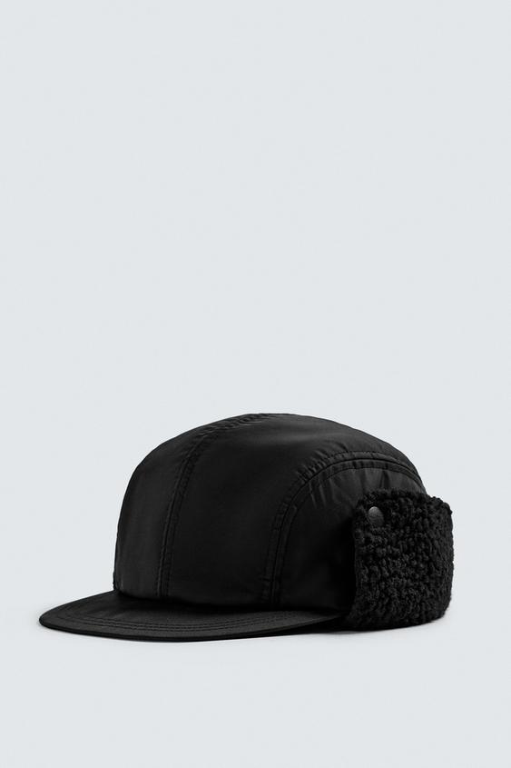 TECHNICAL FAUX SHEARLING CAP WITH EAR MUFFS - Black | ZARA Saudi Arabia