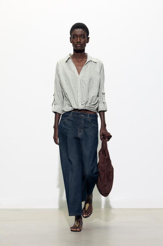 CHEMISE À NŒUD CONTENANT DU LIN - Vert / Écru | ZARA Belgique / Belgium