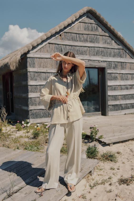 CELANA PANJANG LURUS DENGAN LINEN - Beige muda | ZARA Indonesia