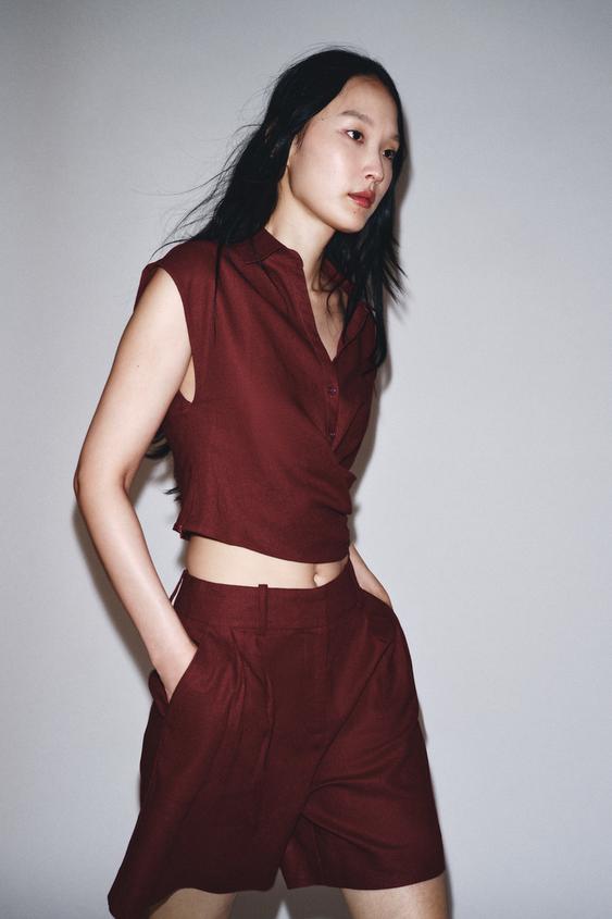 CROSSOVER LINEN BLEND TOP - Burgundy | ZARA Ireland