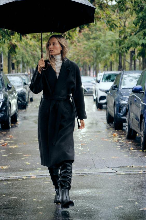 Long Belted Wool Blend Coat Black Zara Mexico