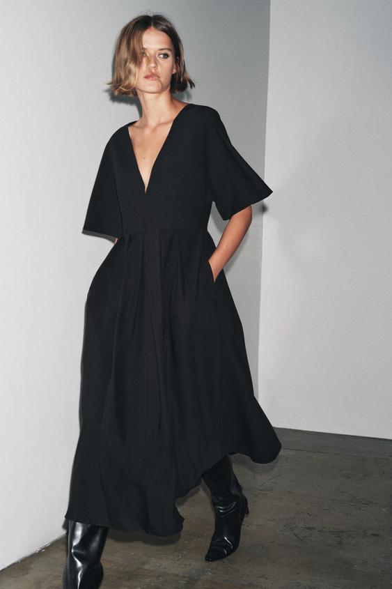 V-NECK MIDI DRESS ZW COLLECTION - Black | ZARA Mexico