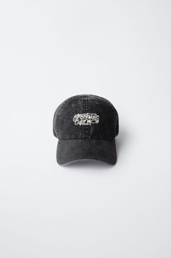 WASHED EFFECT EMBROIDERED TEXT CAP - Black | ZARA United States