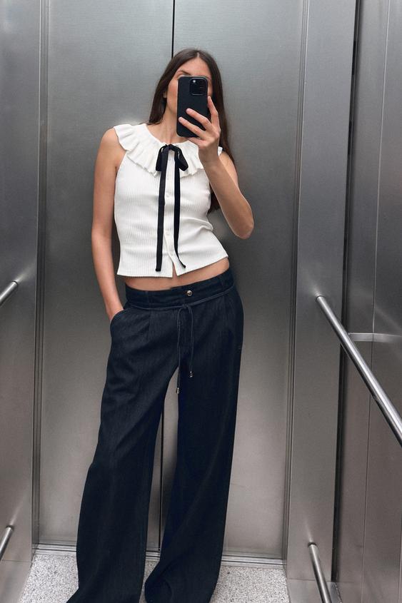 CHUNKY KNIT TOP WITH PETER PAN COLLAR AND BOW - Oyster-white | ZARA Ireland