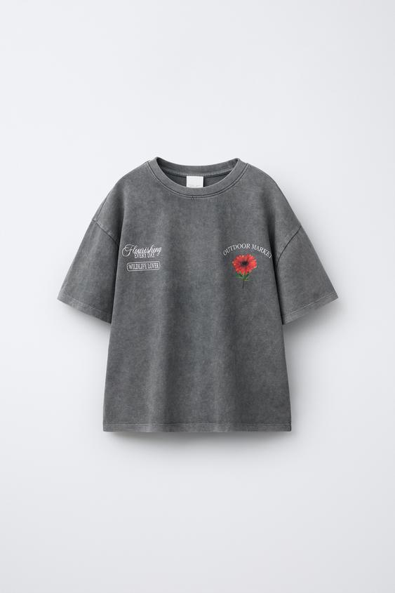 GARMENT DYE WASHED EFFECT FLORAL T-SHIRT - Anthracite grey | ZARA ...