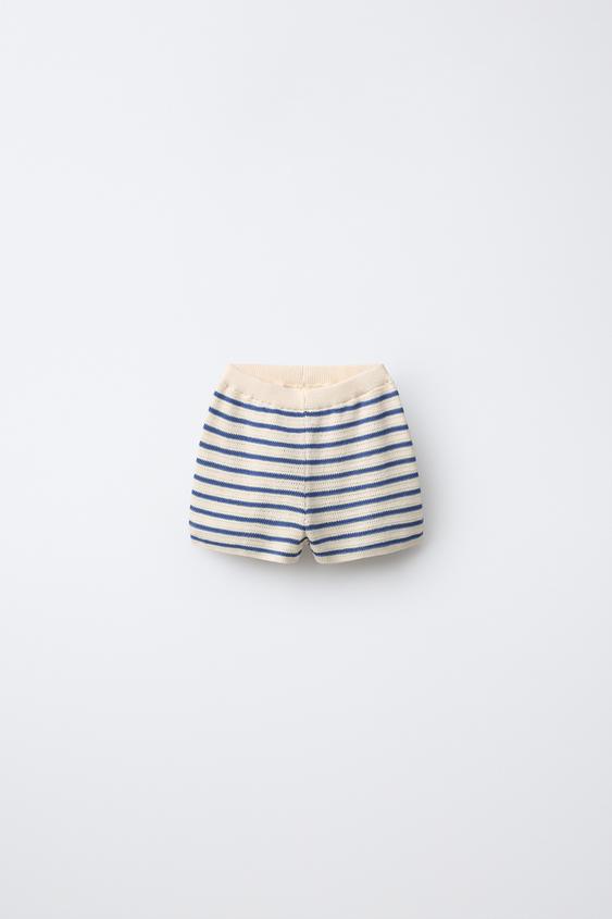 KNIT STRIPED SHORTS - Ecru / Blue | ZARA United States