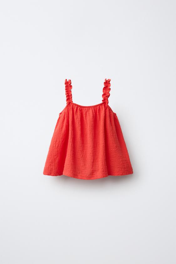 RUFFLED STRAP T-SHIRT - Red | ZARA Georgia