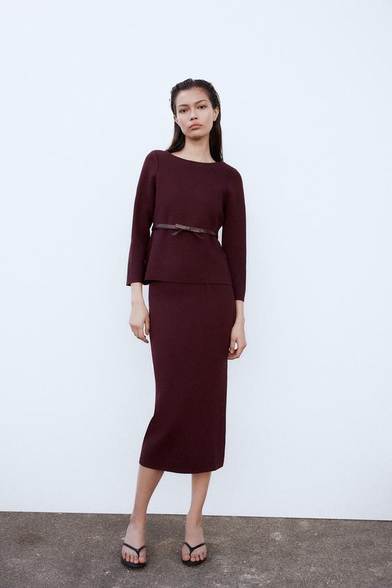 Plain Knit Midi Skirt Burgundy Zara New Zealand