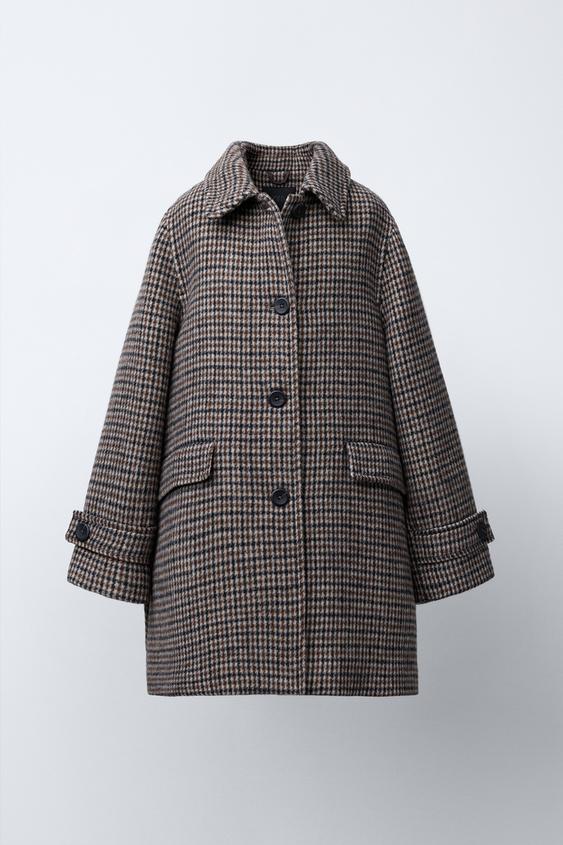 LONG CHECKED WOOL COAT - Brown | ZARA India