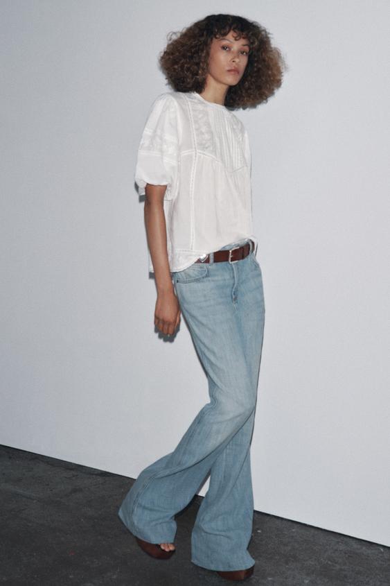 BLUS ROMANTIS BORDIRAN ZW COLLECTION - Putih pudar | ZARA Indonesia