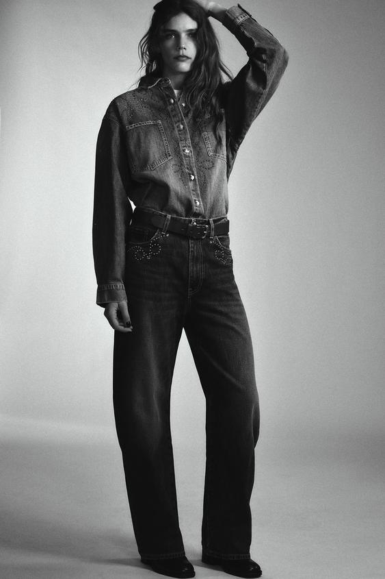 JEANS TRF CLOUS MÉTALLIQUES - Bleu marine | ZARA France