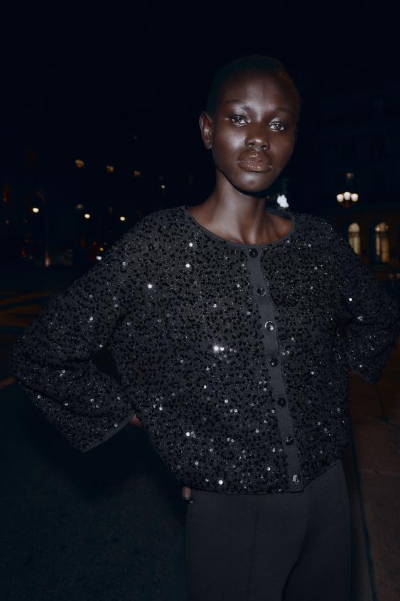 JACHETĂ DIN TRICOT CU PAIETE - Negru | ZARA România