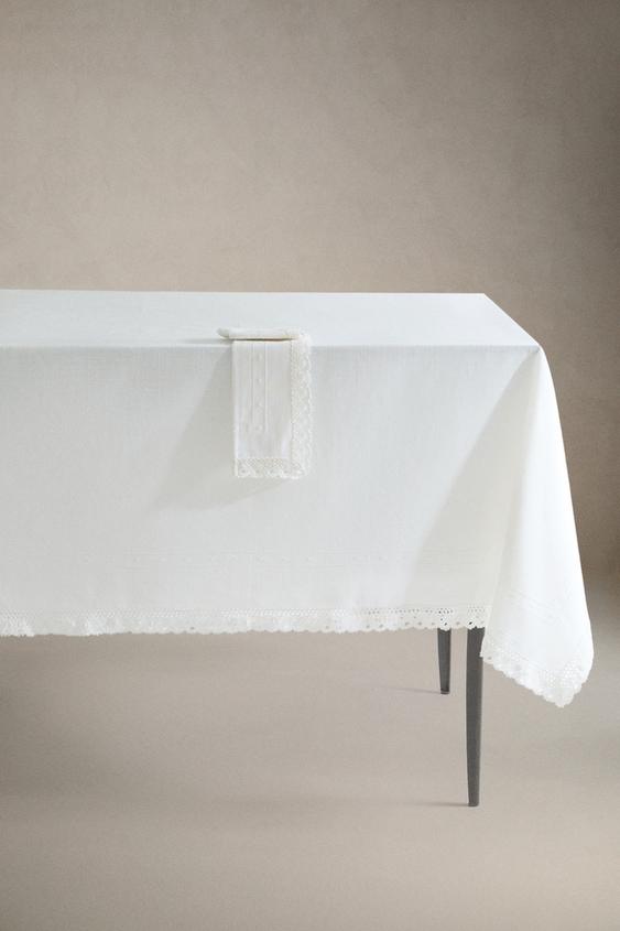 TOALHA DE MESA ALGODÃO BORDADO E RENDA - Branco | ZARA Portugal