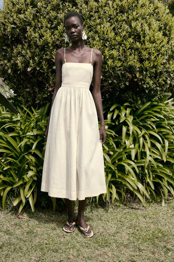 VESTIDO MIDI CON LINO TIRANTES CUENTAS - Crudo | ZARA Mexico