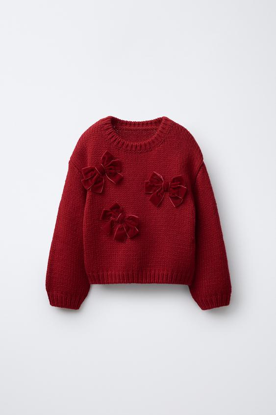 KNIT JUMPER WITH VELVET BOWS - Red | ZARA Thailand