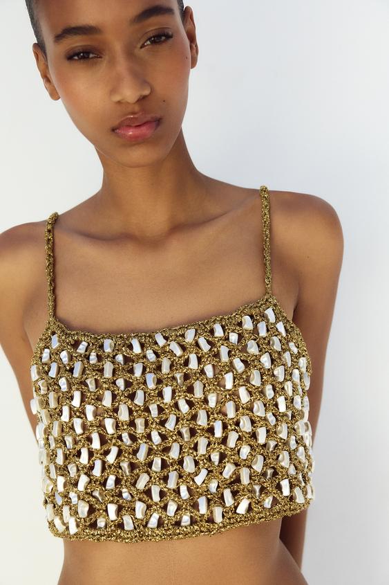 EMBELLISHED CROCHET TOP - Golden | ZARA Saudi Arabia
