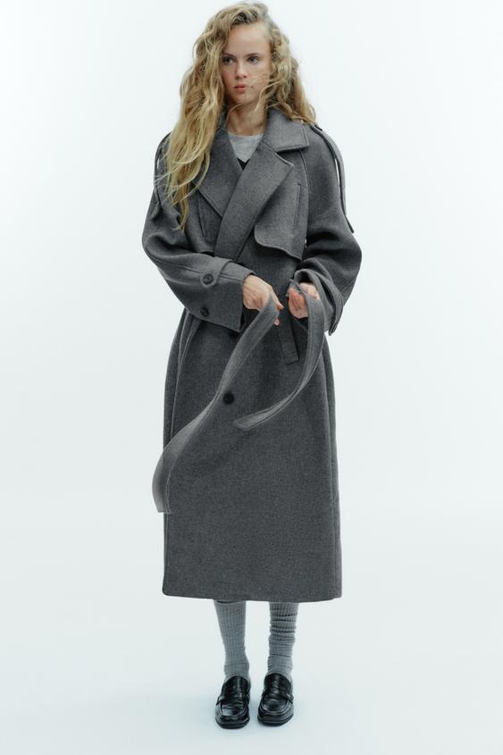 DOUBLE-BREASTED BELTED COAT WITH LOOPS - Gray marl | ZARA United States