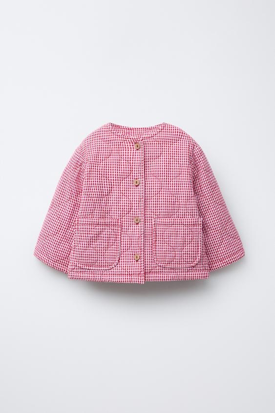 GINGHAM CHECK PUFFER JACKET - White / Red | ZARA Saudi Arabia