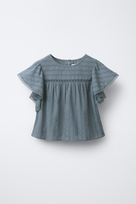 BLUSA COM FOLHOS E RENDA - Cinzento-antracito | ZARA Portugal