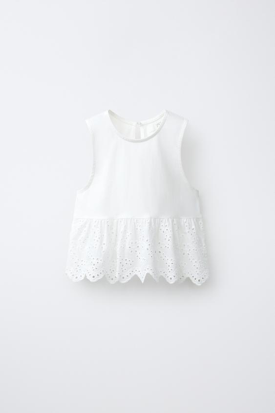T-SHIRT EN MATIÈRES VARIÉES BRODERIE SUISSE - Blanc | ZARA France