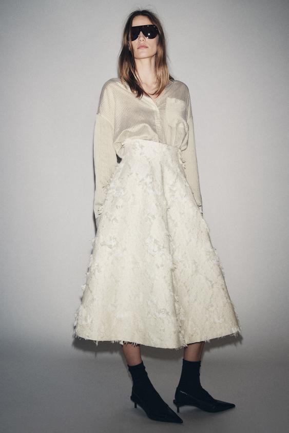 ZW COLLECTION STRUCTURED MIDI SKIRT - Ecru | ZARA New Zealand