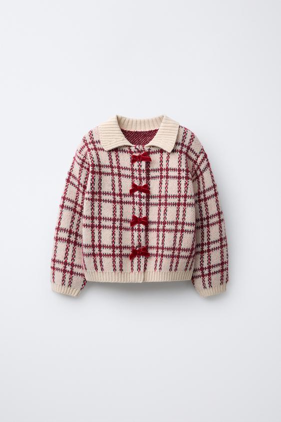 PLAID VELVET BOW CARDIGAN - Red | ZARA United States