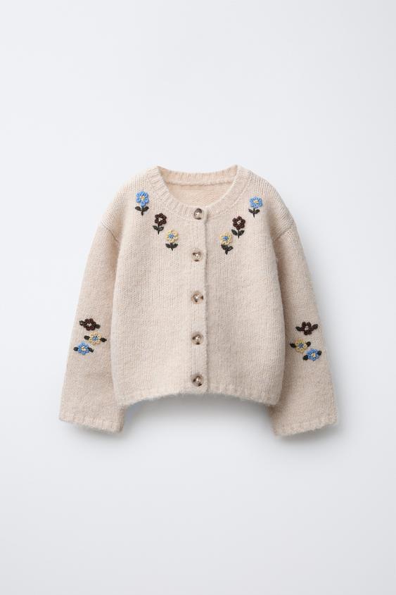 JACHETĂ DIN TRICOT CU FLORI BRODATE - Ecru | ZARA România