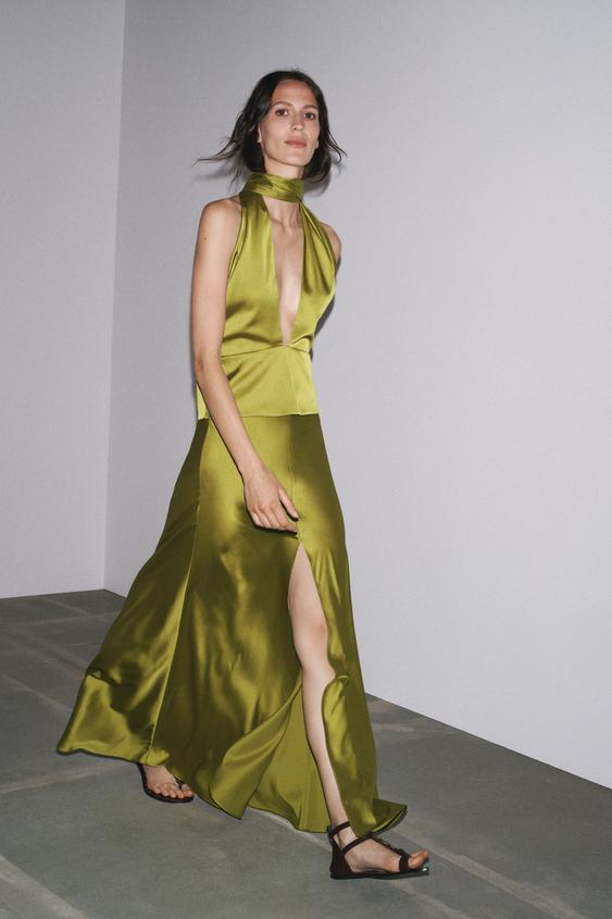 Satin Midi Skirt Olive Green Zara New Zealand