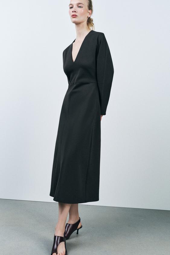 GAUN MIDI INTERLOCK - Arang | ZARA Indonesia